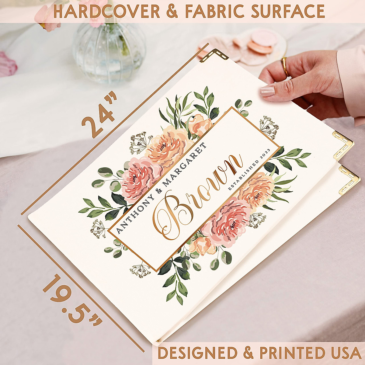 Personalized Wedding Guestbook w/Bride and Groom Name & Text & Date - 8 Floral Design 9"x7" Inches - Customized Hardcover Canvas Guest Book Registry Sign-in Gifts, Custom Large Signing Books Gift C1