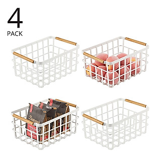 mDesign Metal Wire Food Organizer Storage Bin Basket with Bamboo Handles for Kitchen Cabinets/Pantry Organizing - Farmhouse Decor - Yami Collection - 4 Pack - Matte White/Natural