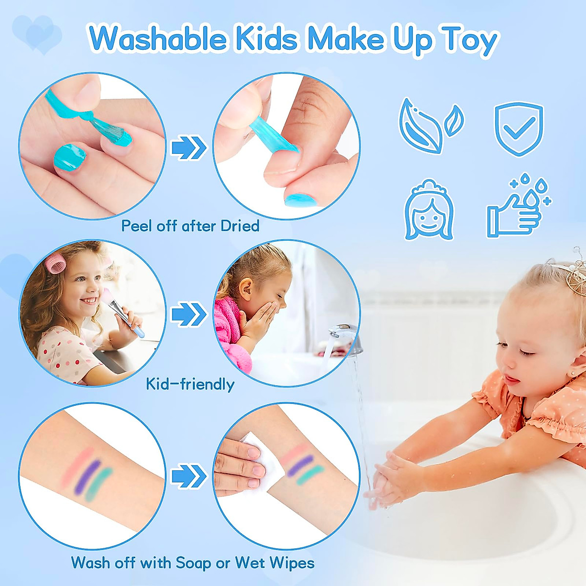 Kids Makeup Kit for Girl, Babbyo Upgrade 50 pcs Kids Make up Kit, Safety Tested Real Washable Make Up Toy Set with Portable Box, Prentent Play Make Up for Girls Birthday Present Toys