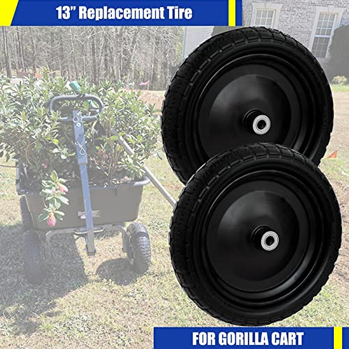 13” Flat-Free Tires for Cart,Solid Polyurethane Wheels for Hand Truck Garden Cart Trolleys,with 5/8” Axle 2.16” Offset Hub 3.15” Tire Width 600 lbs Capacity, 4 pack