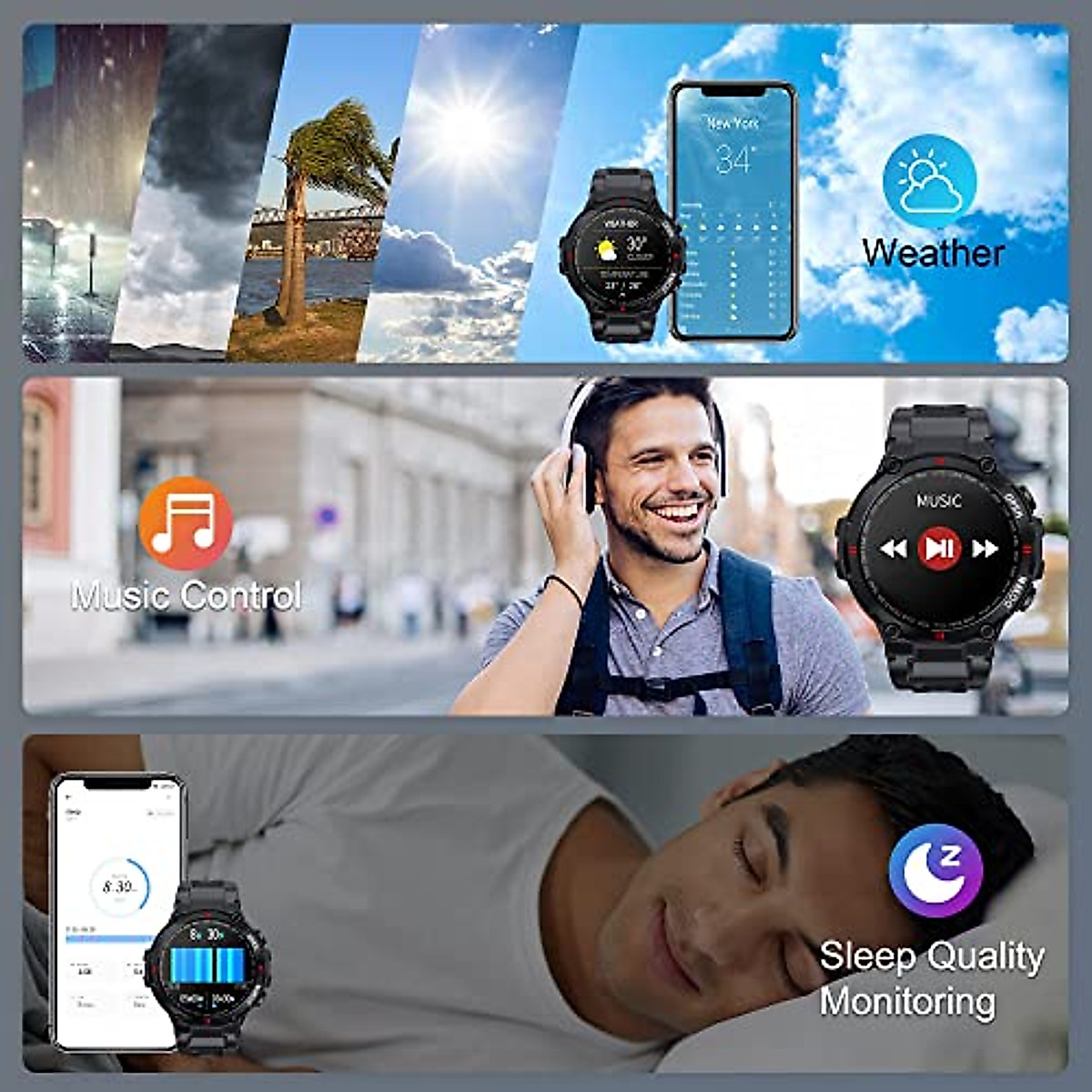 Military Smart Watch for Men Outdoor Tactical Smartwatch, ip67 Waterproof, Bluetooth Dail Calls Speaker 1.3" HD Touch Screen Tracker Heart Rate Monitor Sleep (Black + Band)