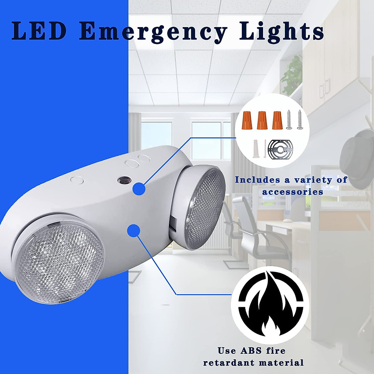 LED Emergency Light with Battery Backup, Two Adjustable Heads Commercial Emergency Light, US Standard 120-277V (UL 94V-0), Domestic Power Outage Emergency Light, Rechargeable Bulb (1-Pack)