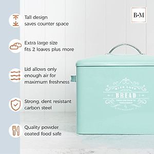 Extra Large Teal Farmhouse Bread Box for Kitchen Countertop - Breadbox Holder Fits 2+ Loaves - Bread Storage Container Bin - Rustic Bread Keeper Vintage Metal Kitchen Decor for Counter(Bread Box)