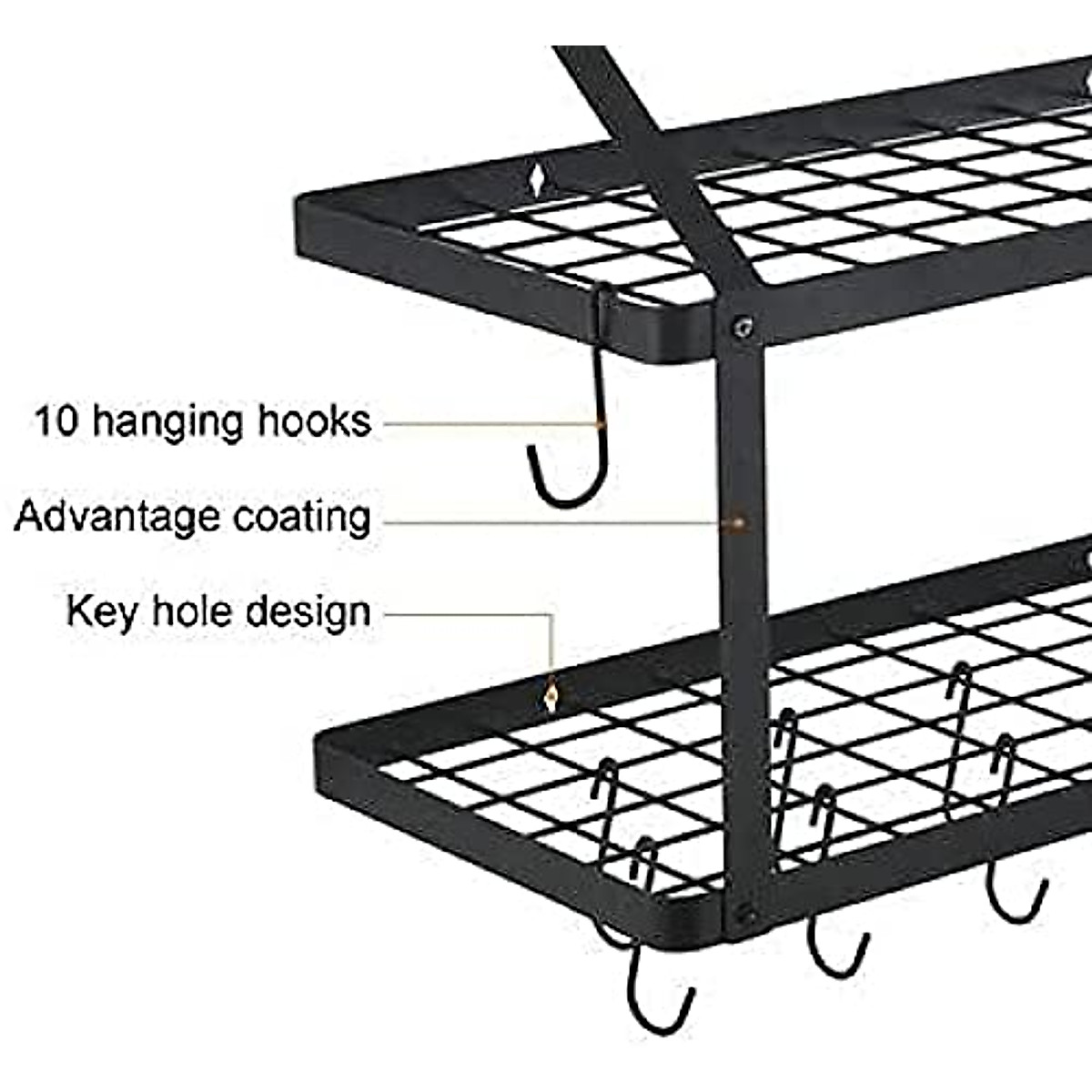 BERTY·PUYI Hanging Rack Mounted Kitchen Pot Rack for Kitchen Storage and Organization Matte Black 2 Tier Wall Shelf for Pots and Pans with 12 Hooks