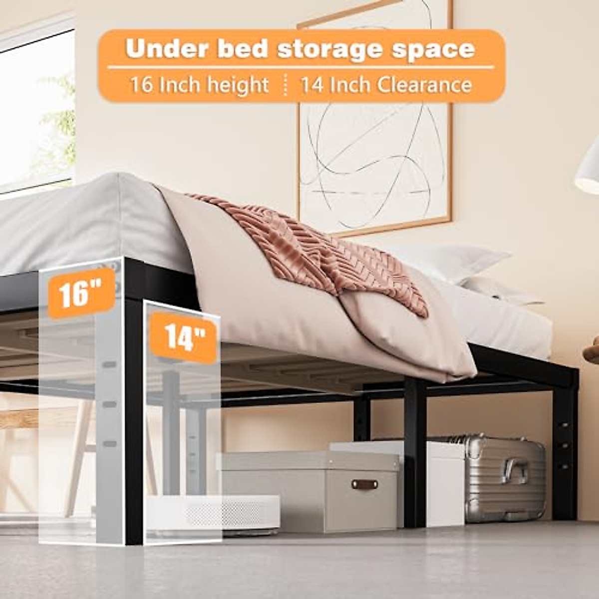 Cleaniago California King Bed Frame, 3" Wide Wood Slats with 3500lbs Support for Mattress, No Sagging, No Slip, No Box Spring Needed, Noise Free, Anti-Slip, Easy Assembly, Black-16 Inch Tall