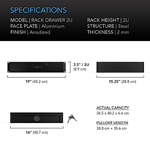 AC Infinity Rack Mount Drawer 2U with Aluminum Faceplate, with Lock and Key, for 19” Equipment Server AV DJ Cabinets Racks