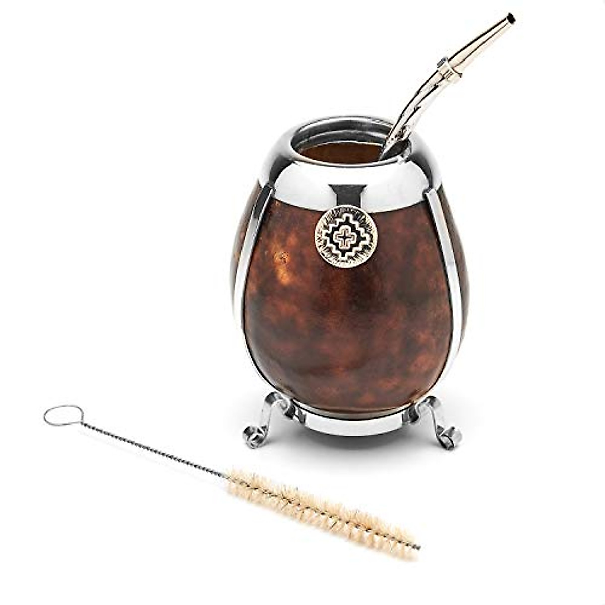 BALIBETOV [New Handmade Yerba Mate Gourd Set - German Silver Trim and Base - [Mate Cup] with Bombilla [Yerba Mate Straw] (Dark Brown)