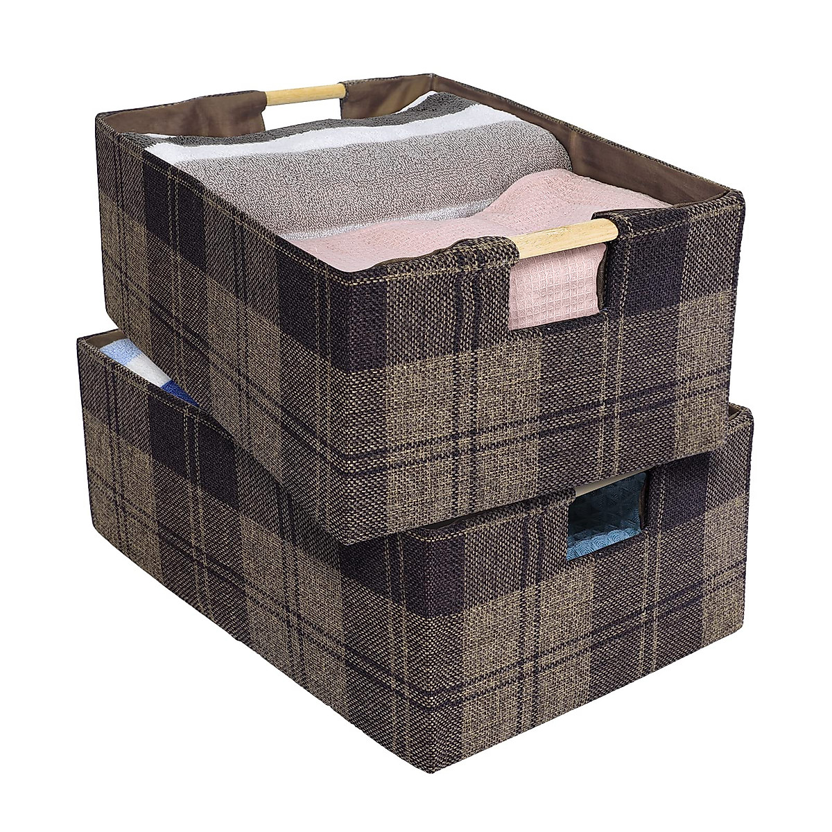 ANMINY 2PCS Storage Bins Set Foldable Cotton Linen Open Storage Baskets Box with Wood Handles Decorative Shelf Closet Clothes Towel Laundry Organizer Container - Medium, Coffee Plaid