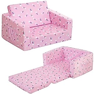 MallBest Kids Sofas Toddler Couch Bed Baby's Upholstered Chair Sleepover Couch Flipout Open Recliner(Pink/Rainbow)