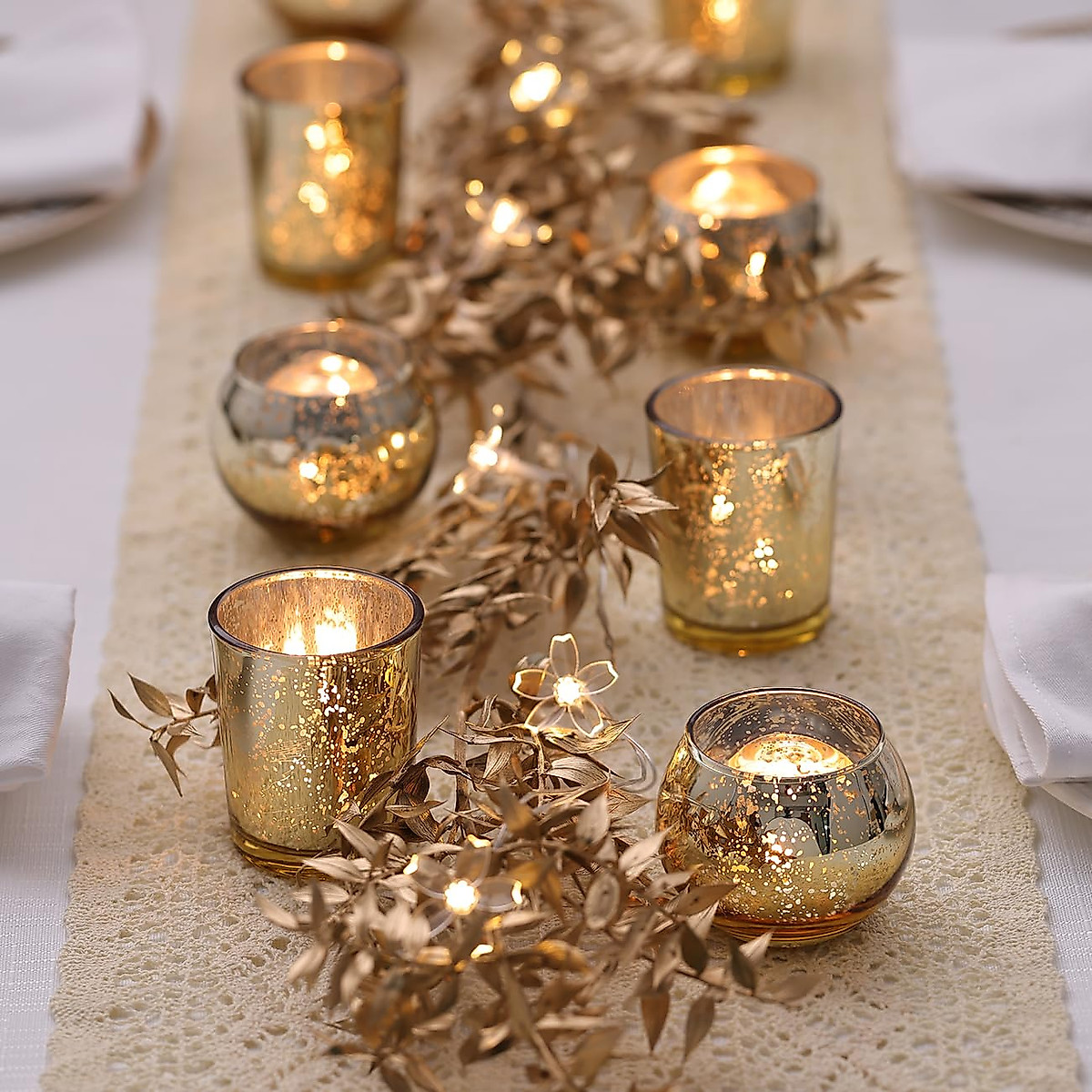 LETINE Gold Votive Candle Holders Set of 36 - Speckled Mercury Gold Glass Candle Holder Bulk - Ideal Candle Jars for Wedding Centerpieces, Party Supplies, Holiday Day Table Decor