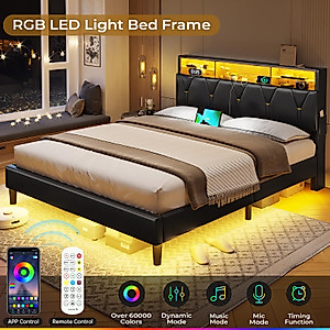BTHFST Full Size Bed Frame with LED Lights & Charging Station, LED Bed Frame Full Size with Headboard Storage, Faux Leather Upholstered Bed with Shelf Headboard, No Box Spring Needed, Black PU