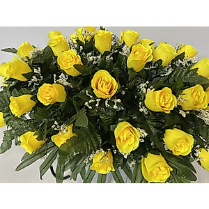 Yellow Rose with Baby's Breath Flowers Cemetery Headstone Saddle Arrangement