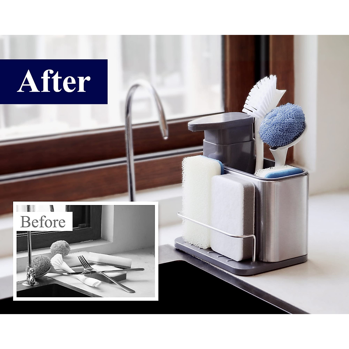 Kitsure Sponge Holder, Detachable Sink Caddy and Kitchen Sink Sponge Holder, Easy-to-Clean Sink Caddy Kitchen Sink Organizer, Stainless and Non-Slip Dish Brush Holder with A Refillable Soap Pump