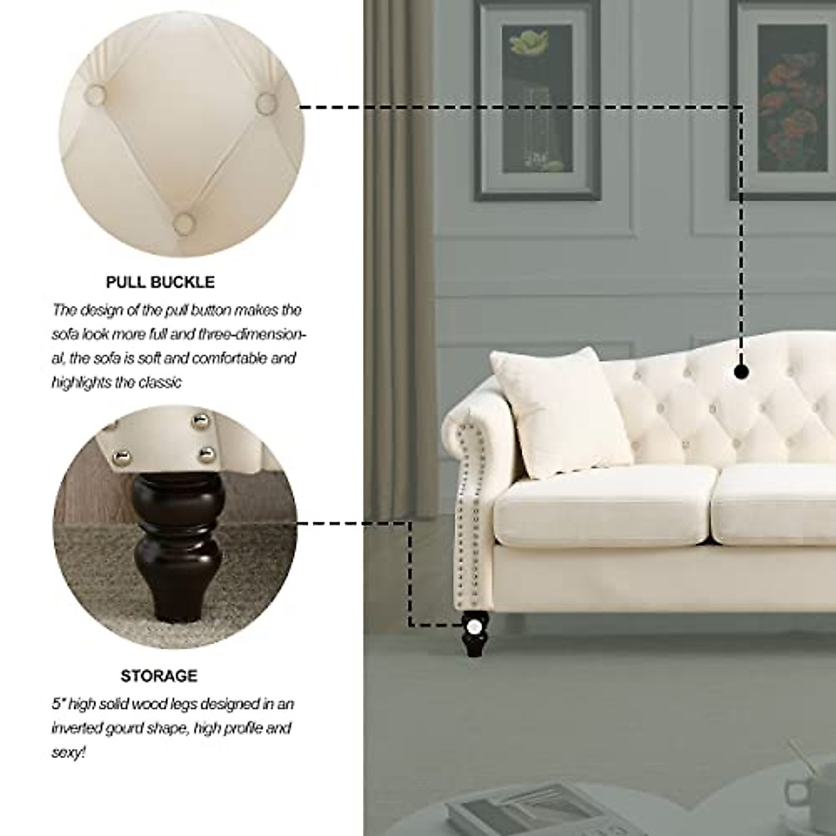 79" Velvet Chesterfield Sofa for Living Room,3 Seater Sofa Button Tufted Nailhead Trimming Curved Backrest Rolled Arms with Wood Legs with 2 Pillows,Bedroom,Office (Beige Velvet, 79*30*32")