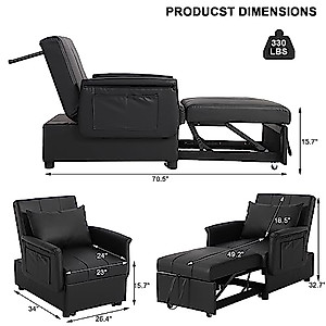 Oprisen Sleeper Chair Bed 3-in-1 Convertible Chair Bed Pull Out Sofa Bed w/Adjustable Backrest Faux Leather Chaise Lounge Sofa Bed Couch for Small Space w/Side Pockets (PU-Black)