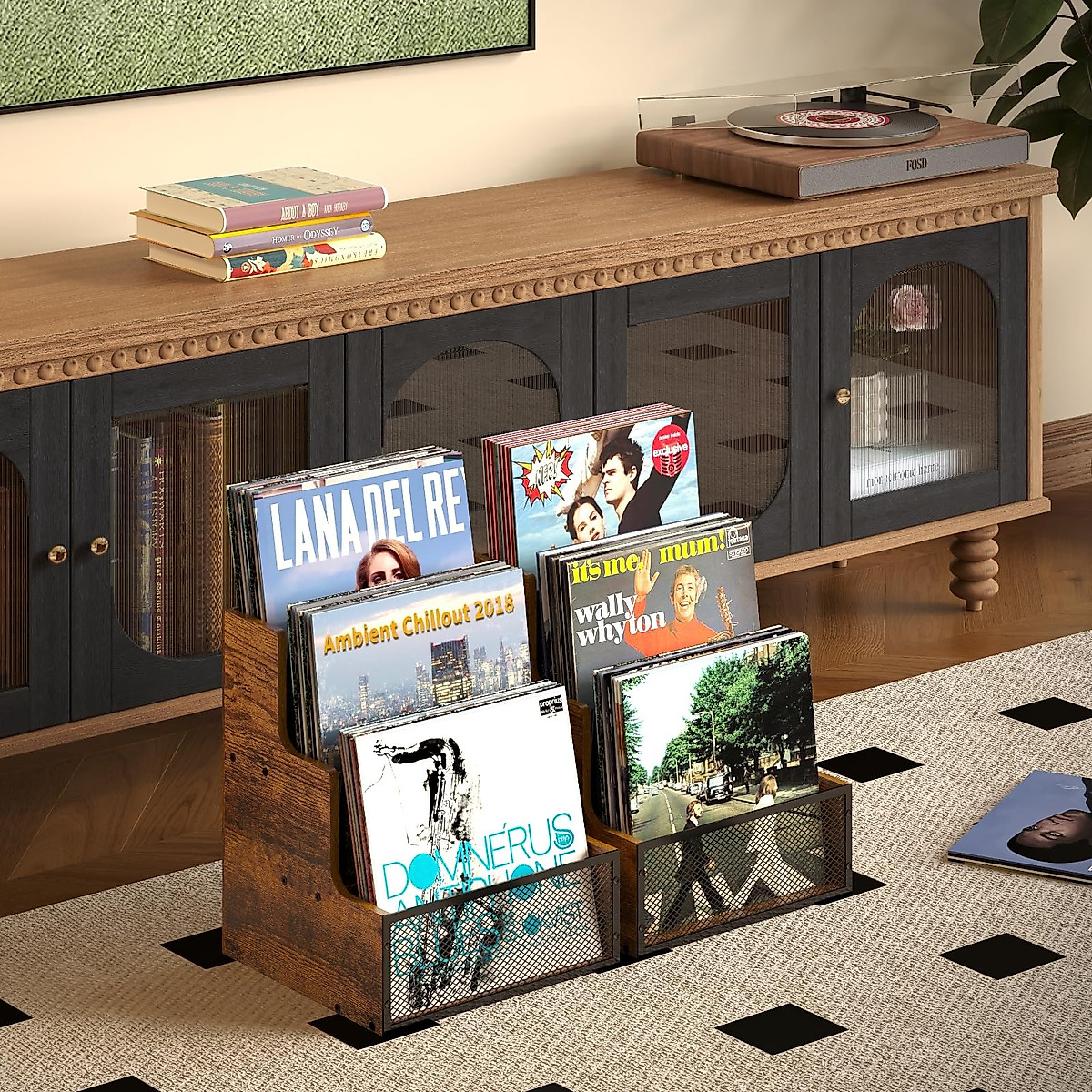 Yuzehuaza Vinyl Record Storage Holder, Stepped 3 Tier LP Vinyl Record Crate with Metal Grid, Wooden Album Storage Desktop Organizer Box for Vinyl, Rustic Brown & Black (Patent Pending)