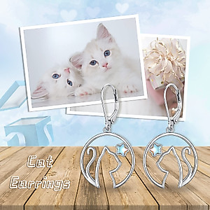 Cat Earrings with Moonstone 925 Sterling Silver Kitten Dangle Dangling Drop Charm Leverback Earrings Animal Jewelry Gifts for Women