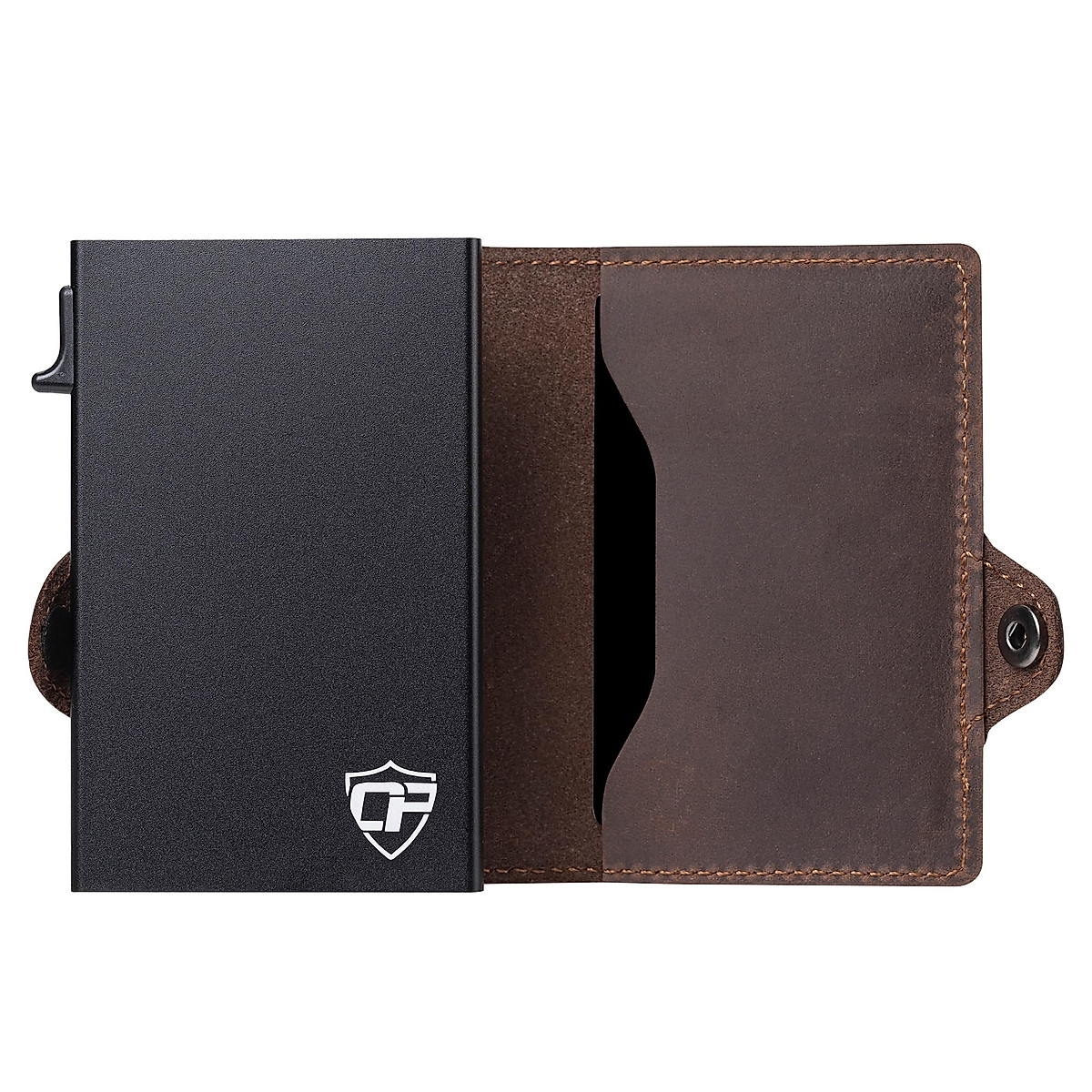 Conceal Plus Wallet for Men, Pop Up Wallet Credit Card Holder - RFID Blocking, Slim Minimalist Credit Card Case (Distressed Brown Genuine Leather)