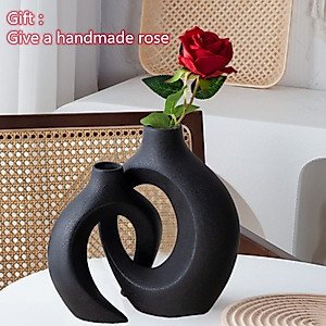 Levvohd Black Hollow Ceramic Vase Set of 2, Snuggle Round Boho Donut Modern Vase Nordic Minimalist Decorative Vase for Modern Trendy Home Table Centerpiece Decor (W 6.3" X H 8")