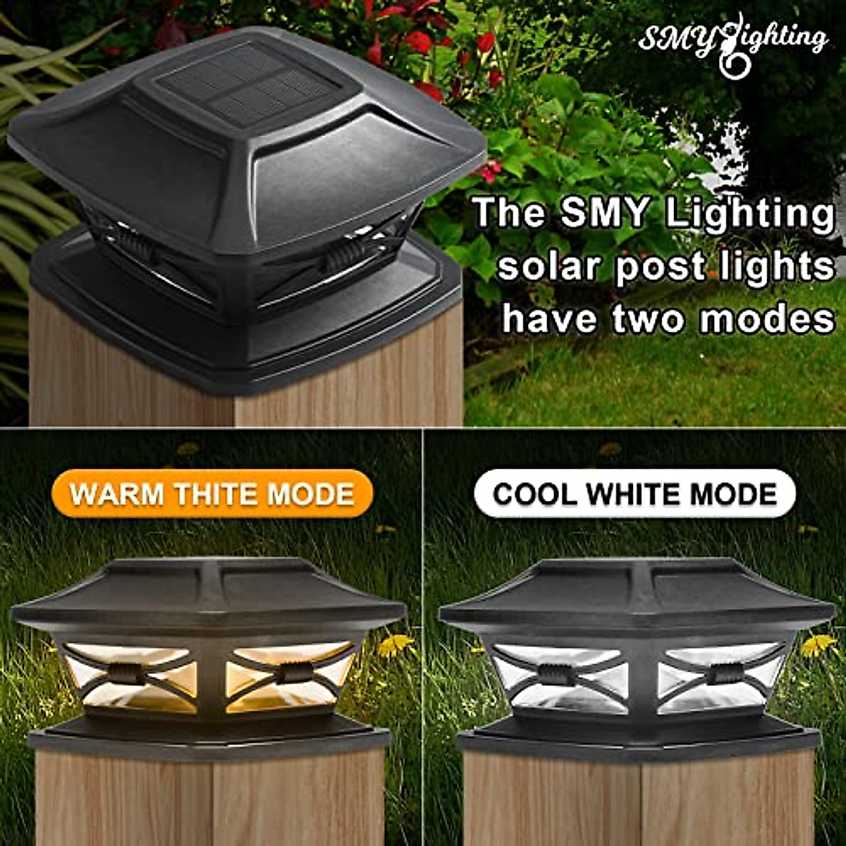 SMY Lighting Solar Post Lights Outdoor 2 Modes LED Solar Fence Cap Light for 4x4 5x5 6x6 Posts Deck Patio Garden Decoration Warm White/Cool White Lighting Black (4 Pack)