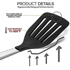 Daily Kitchen Spatula Heat Resistant Silicone and Stainless Steel - Slotted Turner Spatula Rubber Grip - Flexible Silicone Spatula Turner for Cooking and Non Stick Cookware - Versatile Kitchen Spatula