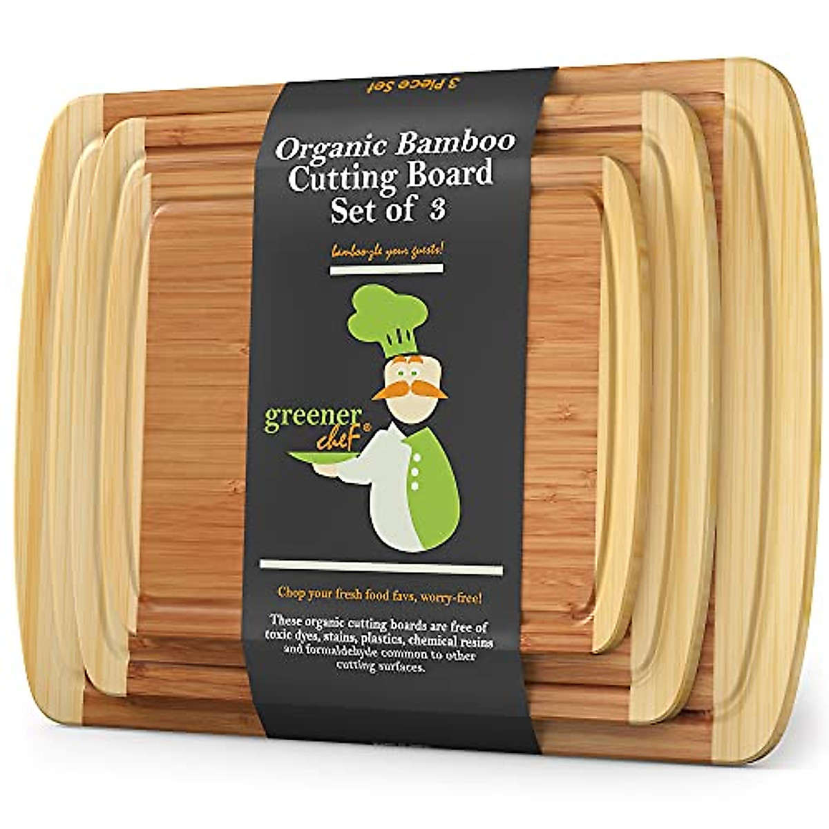 Wood Bamboo Cutting Board - Set of 3 - and Food Grade Oil Spray by Greener Chef