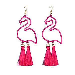 Tassel Pink Flamingo Exaggerated Long Dangle Earrings Retro Creative Hollow Fashion Cute Animal Bird Drop Earrings Boho Trendy Elegant Handmade Flamingo Shape Jewelry for Women -A