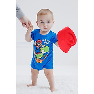 Super Mario Nintendo Mario Yoshi Infant Baby Boys Romper and Bucket Sun Hat Blue/Red 12 Months
