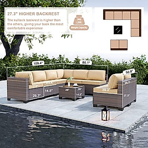 Kullavik 9 Pieces Outdoor Patio Furniture Set Outdoor Sectional Rattan Sofa Set Brown Manual Wicker Patio Conversation Set with Sand Cushions,1 Tempered Glass Tea Table and Cushions Covers