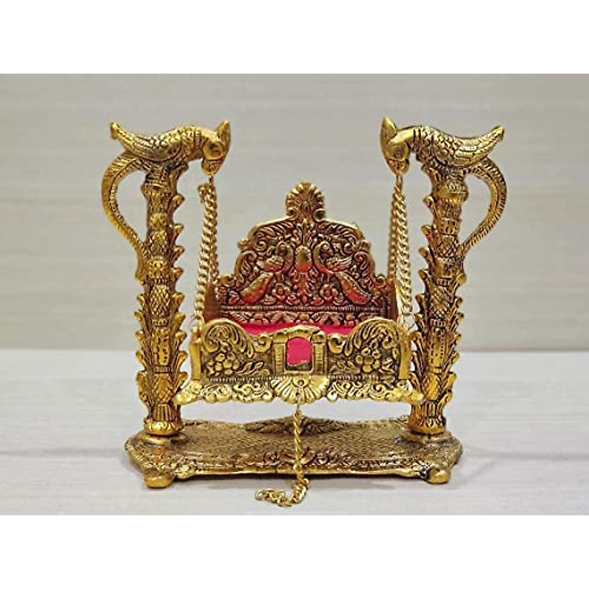 LAXMI Craft Lord Krishna Jhula Singhasan Indian Traditional Handicraft Antique Look Temple Arch/gate Design, Laddu Gopal Sofa with Jhula,Brass,17 x 10 x17 Cm (Metal JULLA with MARBAL Krishna)
