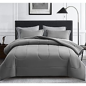 Maple&Stone Queen Size Comforter Set 7 Pieces Bed in a Bag - Down Alternative Bed Set with Sheets, Pillowcases & Shams, Soft Reversible Duvet Insert for Queen Bed, Dark Grey & Light Grey