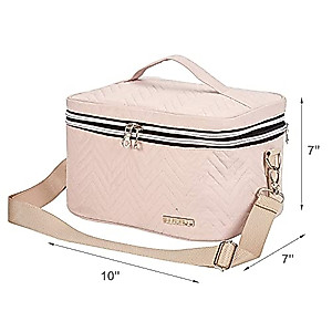 BELALIFE Double Layer Makeup Bag for Travel, Portable Cosmetic Organizer for Brushes Sets, Large Toiletry Holder with Straps, Pink