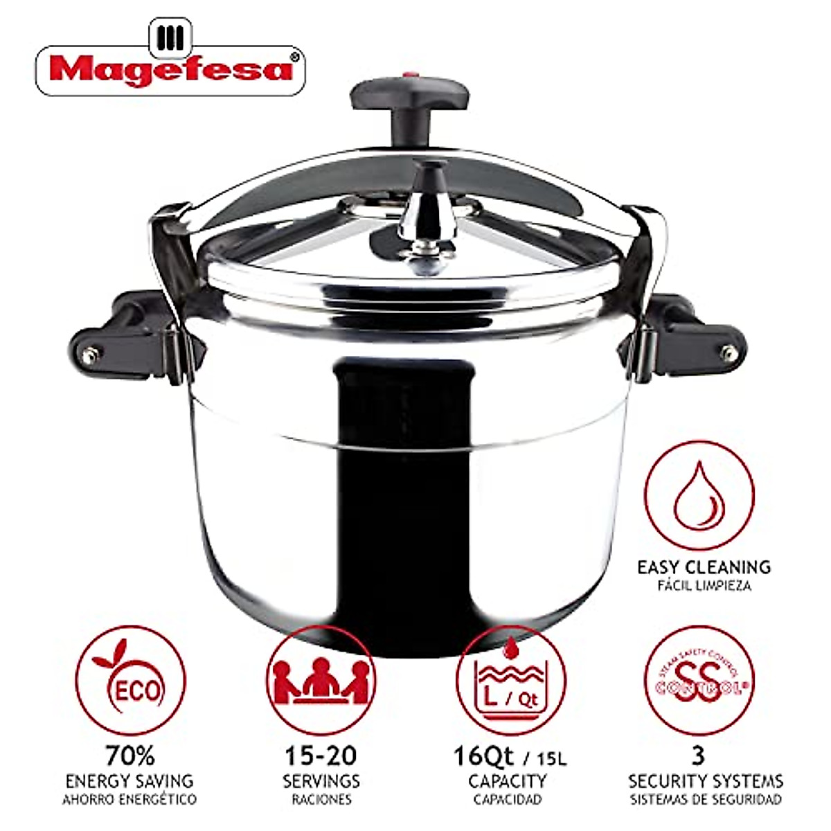 MAGEFESA Chef Pressure Cooker has a Thermodiffusion bottom, 3 Security Systems. 16 Quarts