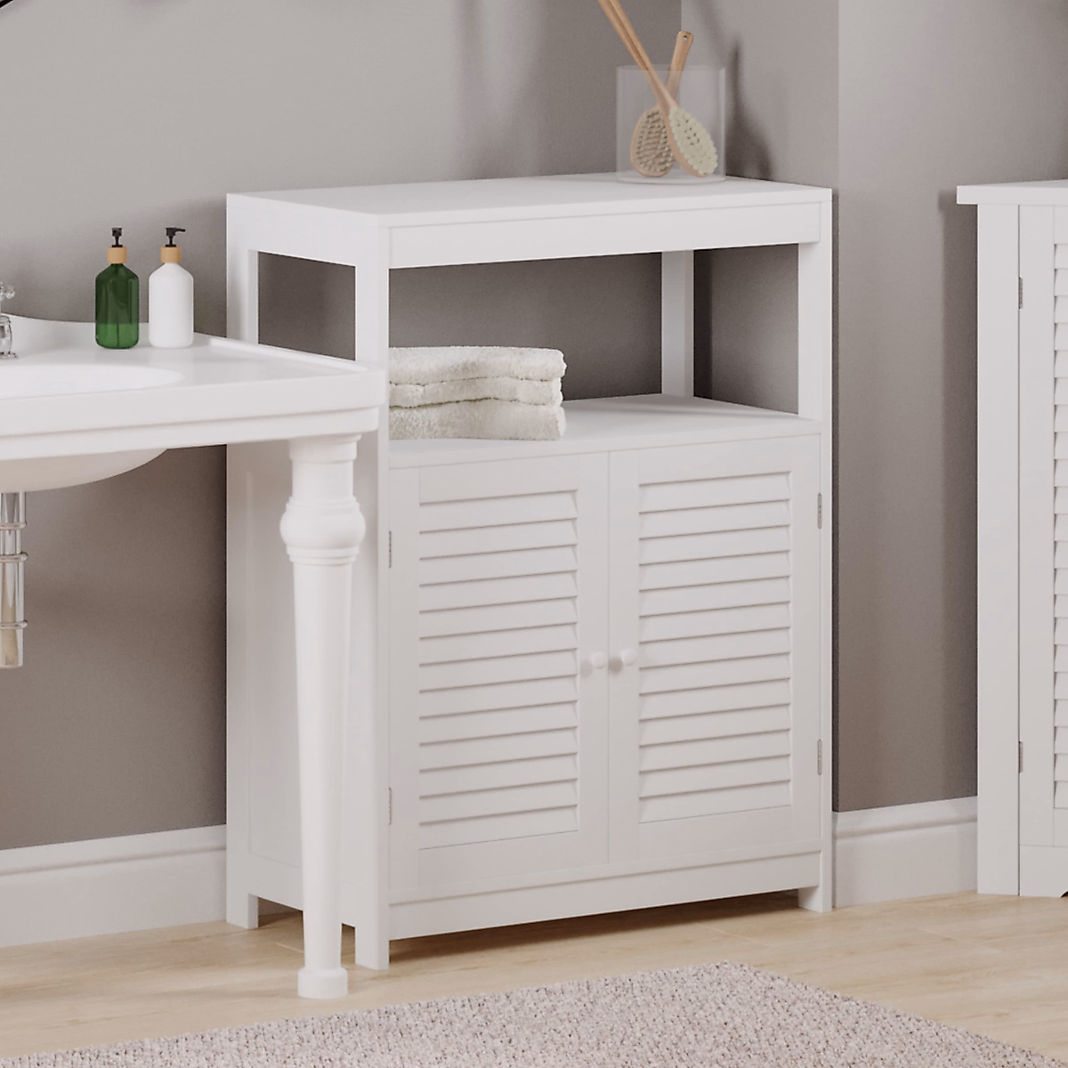 Lavish Home Storage Cabinet with Double Doors - Freestanding Kitchen, Laundry Room, or Restroom Organizer with Cupboard and Open Shelf (White)