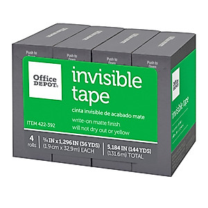 Office Depot Invisible Tape, 3/4in. x 1296in., Pack of 4 Rolls, OD-P4