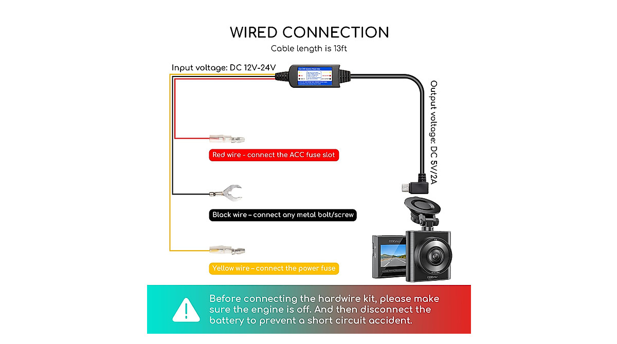 Dash Cam Hardwire Kit Cable 13ft for Car 24H Parking Monitoring