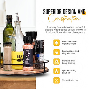 DECORSTATION Wooden Lazy Susan Organizer, 12.5 Inches - Round Lazy Susan for Table, Artistic Acacia Wood with Sturdy Black Steel Bar - 360 Degree Smooth Rotating – Suitable for Countertops & Cabinets