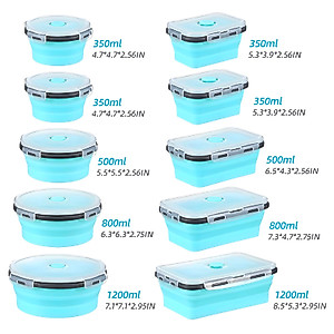 GEMLORD 10 Pieces Collapsible Food Storage Containers Foldable Silicone Lunch Containers with Airtight Lids, 5 Pcs Rectangle and 5 Pcs Round Food Bowls for Kitchen Microwave Freezer Dishwasher Safe