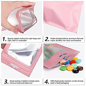 100 Pieces Resealable Mylar Bags with Ziplock and Clear Window Bags Packaging Bags Foil Pouch Ziplock Bags for Food Self Sealing Storage Supplies (Pink, 4.72x7.1 inches)