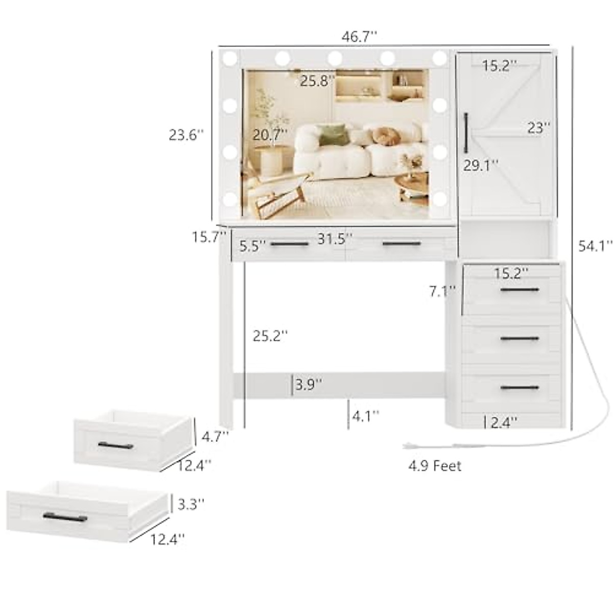 Irontar Makeup Vanity Desk with Charging Station, Farmhouse Makeup Desk with Lights Mirror and Drawers, Vanity Table with Side Cabinet, Dressing Table for Women, White WDT008W