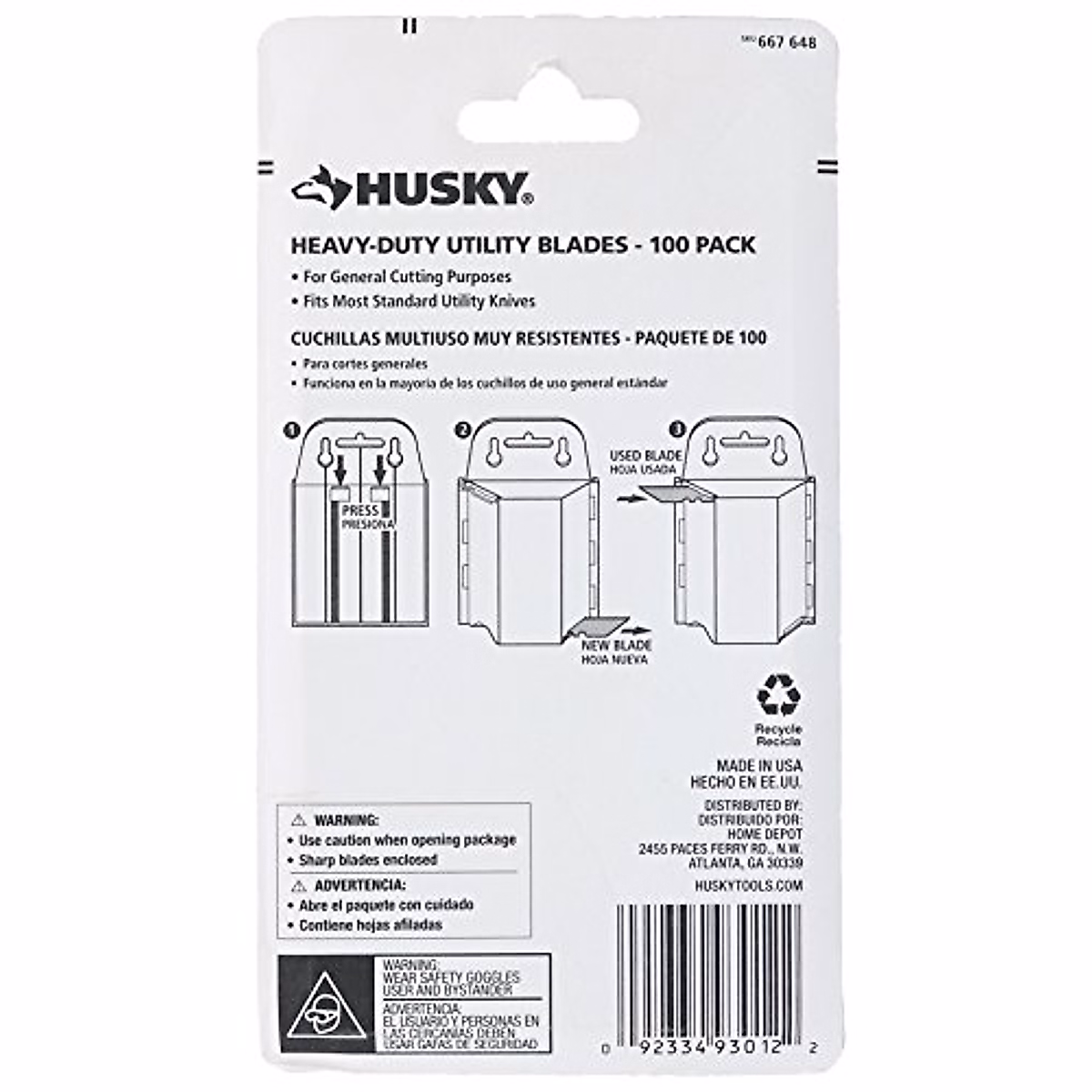 Husky 667648 Heavy Duty .024” Carbon Steel Utility Blade Dispenser w/ Mounting Hole and Blade Disposal (100 Pack of Blades)