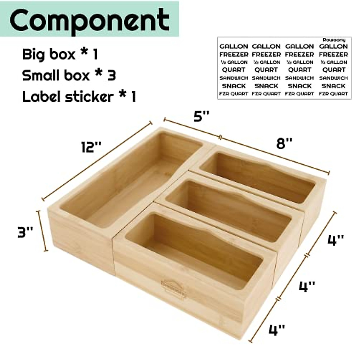 Rowoony - Ziplock Bag Storage Organizer for Kitchen Drawer - Bamboo Kitchen Organizer - Baggie Holder - Gallon, Quart, Sandwich and Snack Size (4Pack)