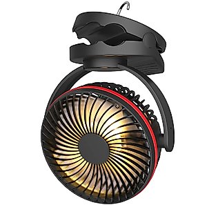 Battery Operated Camping Fan with Light, 5000mah Portable Clip On Fan, Personal Office Desk Fan For Travel Tent, Treadmill, 4 Speed, 35H, Hanging Hook, for Hurricane Emergency