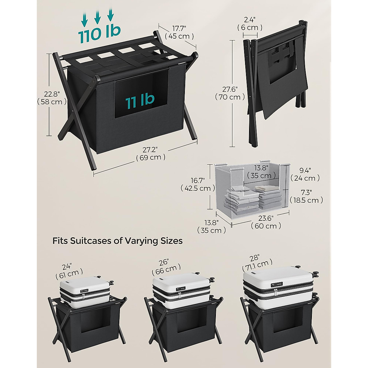 SONGMICS 2 Pack Luggage Rack with Removable Laundry Bag, Set of 2 Suitcase Stands for Guest Room, Foldable for Space-Saving Storage, Steel Frame, Hotel, Bedroom, Black URLR005B02