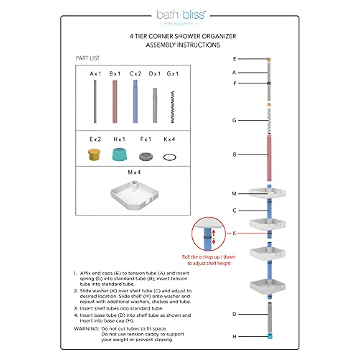 Bath Bliss 4 Tier Shelf Tension Adjustable Corner Storage Organizer Bathroom in Matte White Shower Caddy