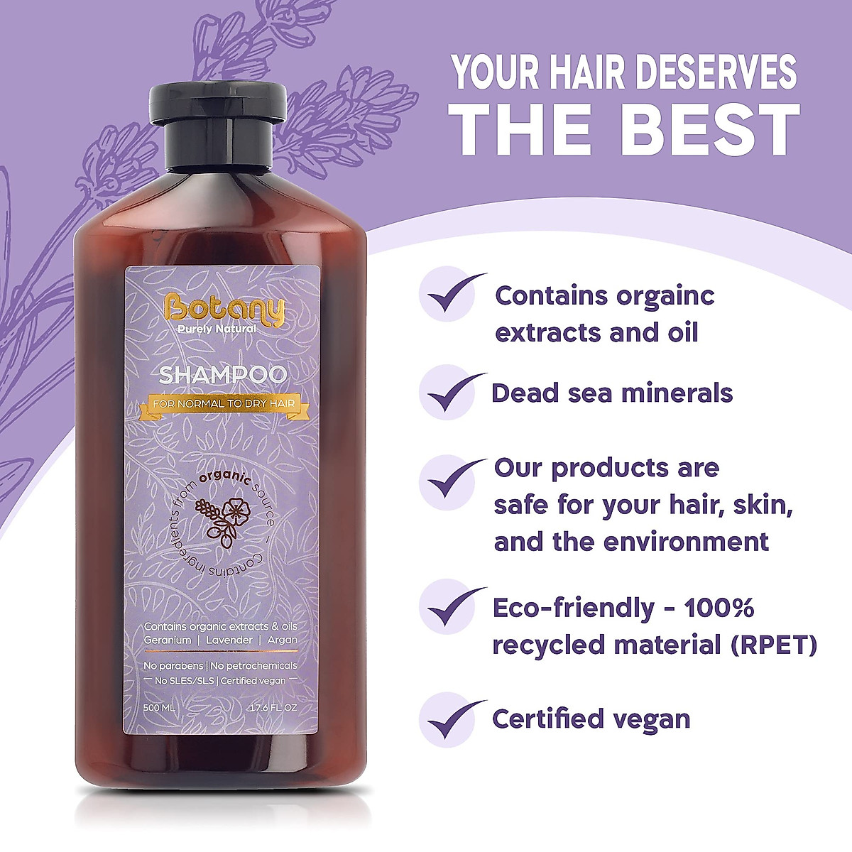Botany Natural Shampoo for Normal to Dry Hair with Organic Argan Oil, Geranium, and Lavender - Vegan Shampoo for Women and Men SLS/SLES, Silicon, Paraben and Cruelty Free,17.6 oz