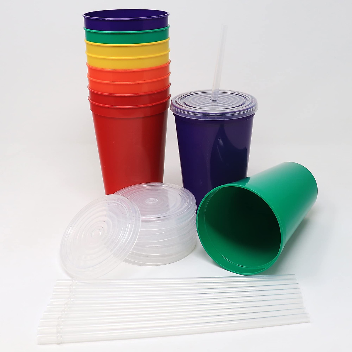 Rolling Sands 22 oz Reusable Plastic Cups with Lids, 10 Pack, USA Made Rainbow Tumblers; Includes 10 Reusable Straws; Dishwasher Safe
