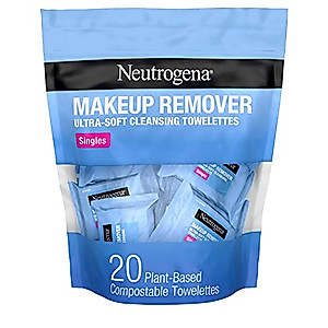 Neutrogena Makeup Remover Facial Cleansing Towelette Singles, Daily Face Wipes Remove Dirt, Oil, Makeup & Waterproof Mascara, Gentle, Individually Wrapped, 100% Plant-Based Fibers, 20 ct