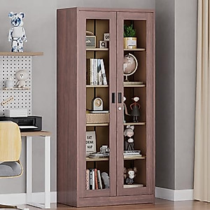 AFAIF 71" Tall Metal Storage Cabinet with Glass Door & 4 Adjustable Shelves, Freestanding Bookshelf for Home Office, Living Room, Pantry