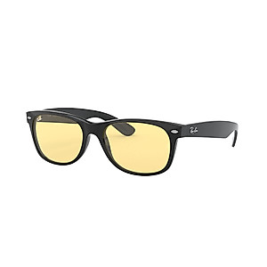 Ray-Ban RB2132F New Wayfarer Low Bridge Fit Square Sunglasses, Black/Yellow, 55 mm